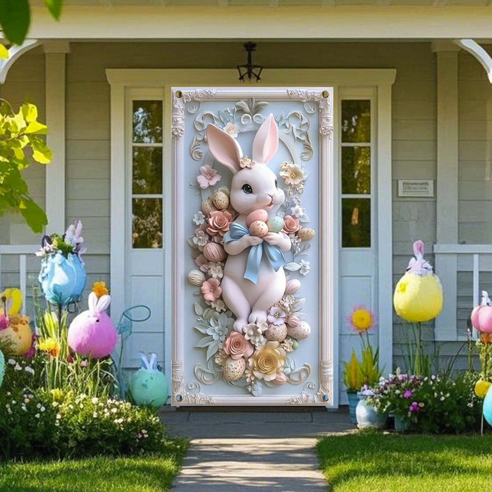Easter Bunny & Eggs Door Cover Banner, Spring Flowers with Blue Bow ...