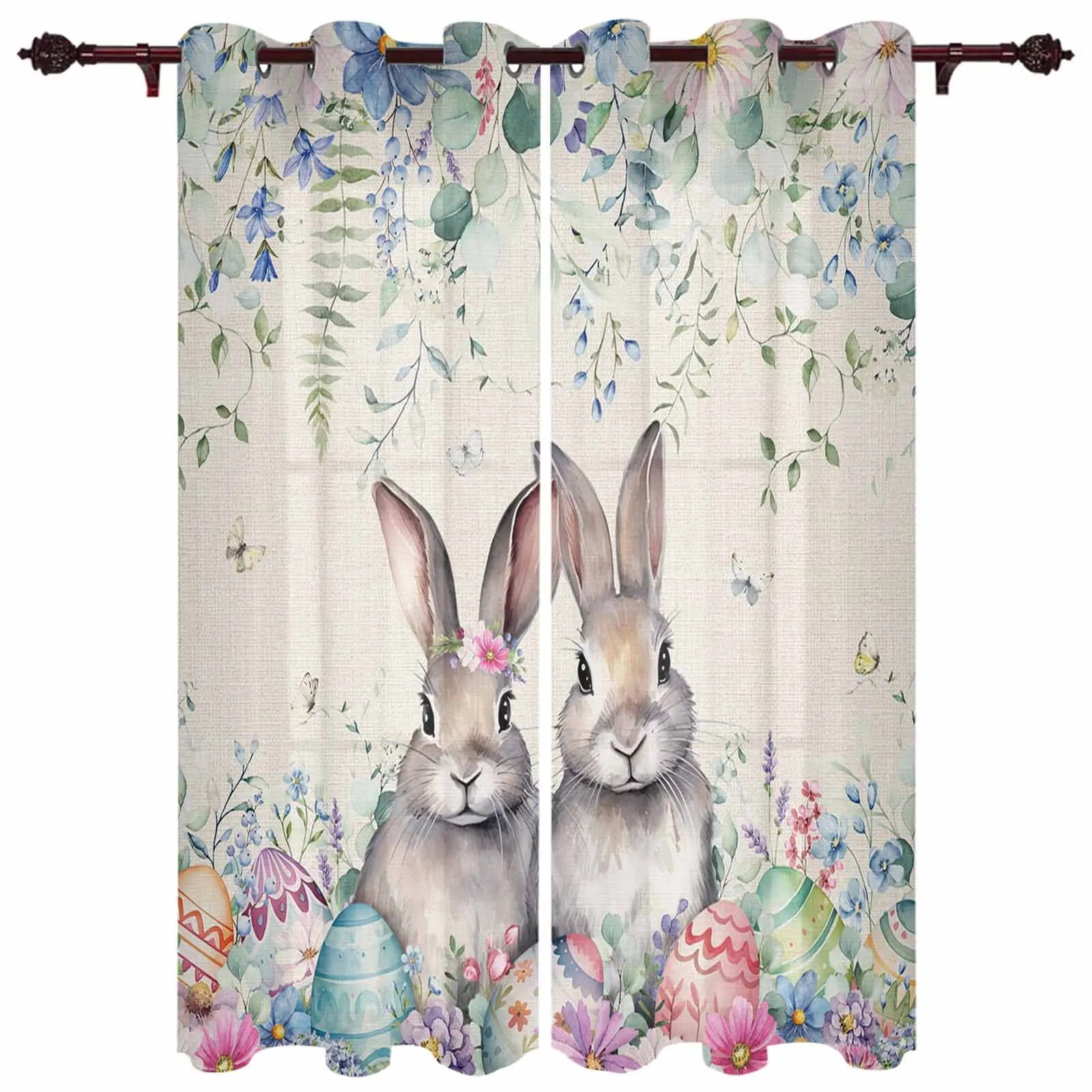 Easter Bunny Eggs Flowers Window Curtains for Living Room Bedroom ...