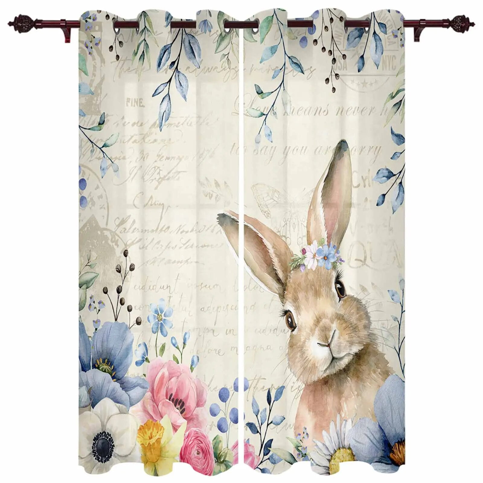Easter Bunny Eggs Flowers Window Curtains for Living Room Bedroom ...