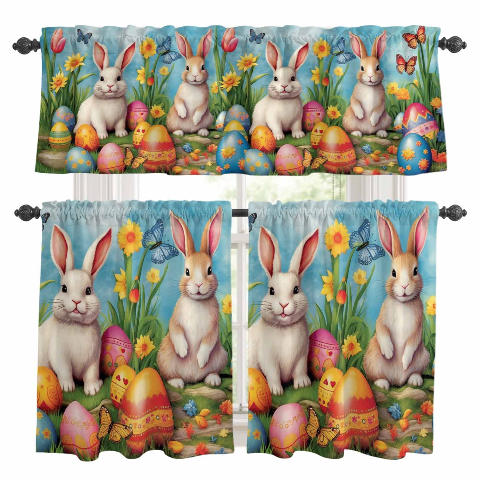 Easter Bunny Eggs Kitchen Curtains and Valances Set, Spring Flower Blue ...