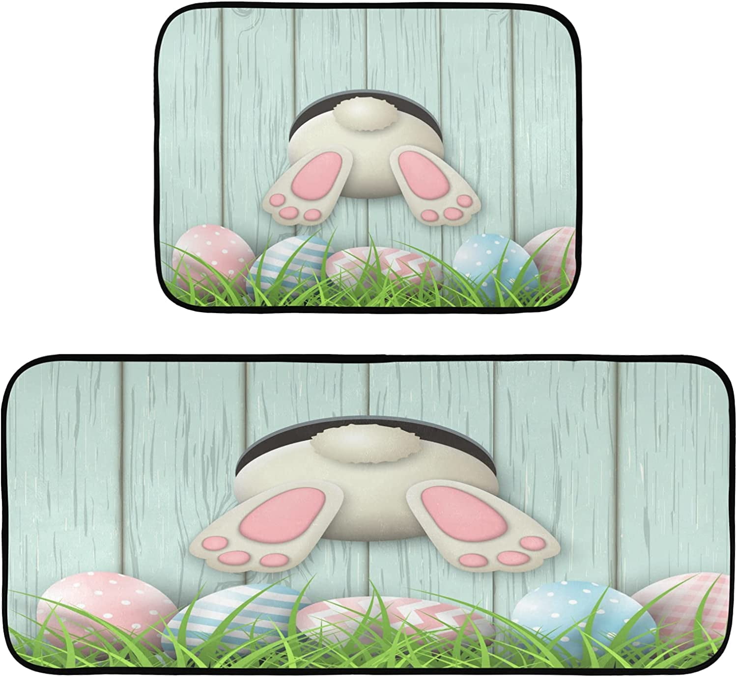 Easter Bunny Eggs Kitchen Mats Spring Grass Wooden Texture Kitchen Rugs ...