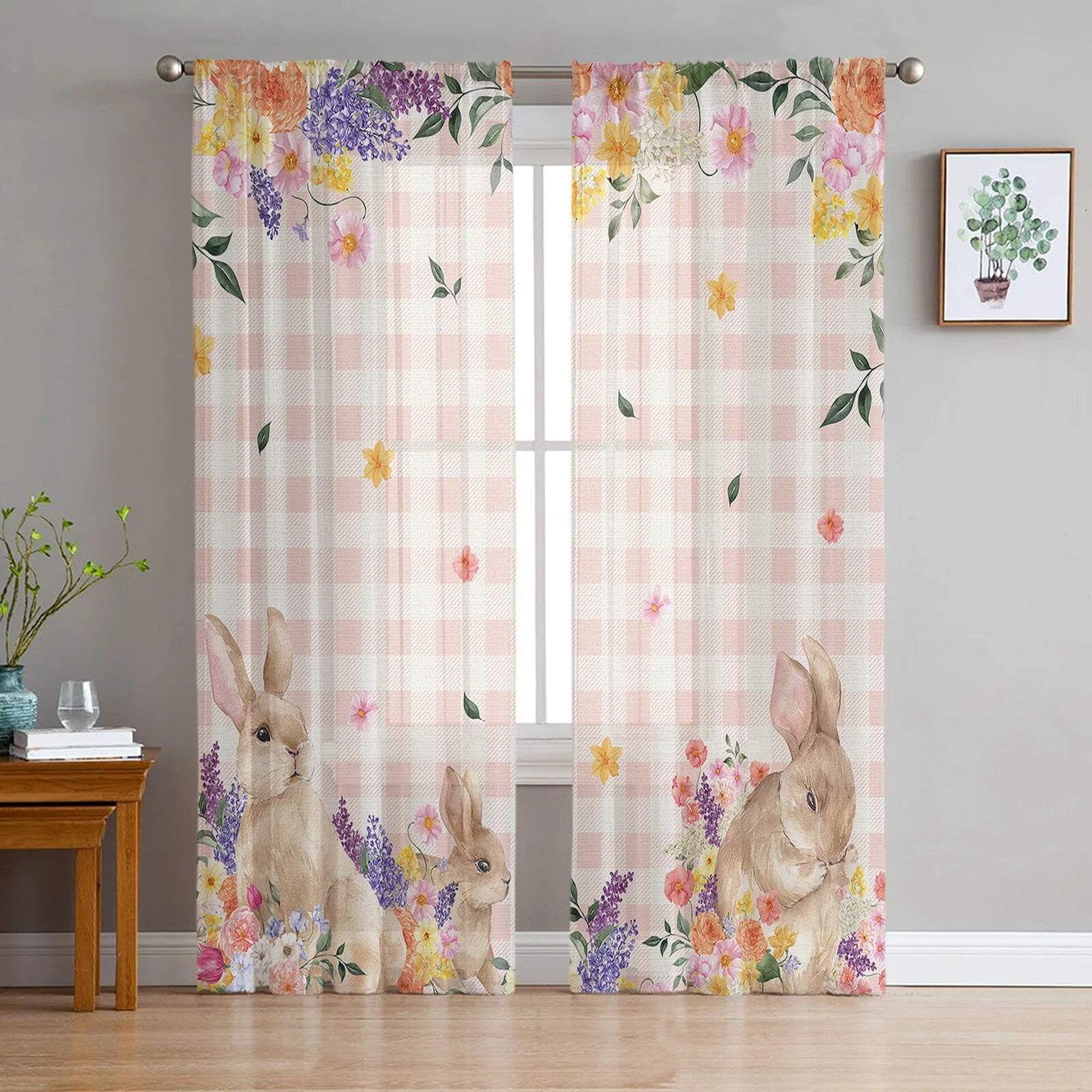 Easter Bunny Eggs Spring Flowers Tulle Curtains for Living Room Bedroom ...