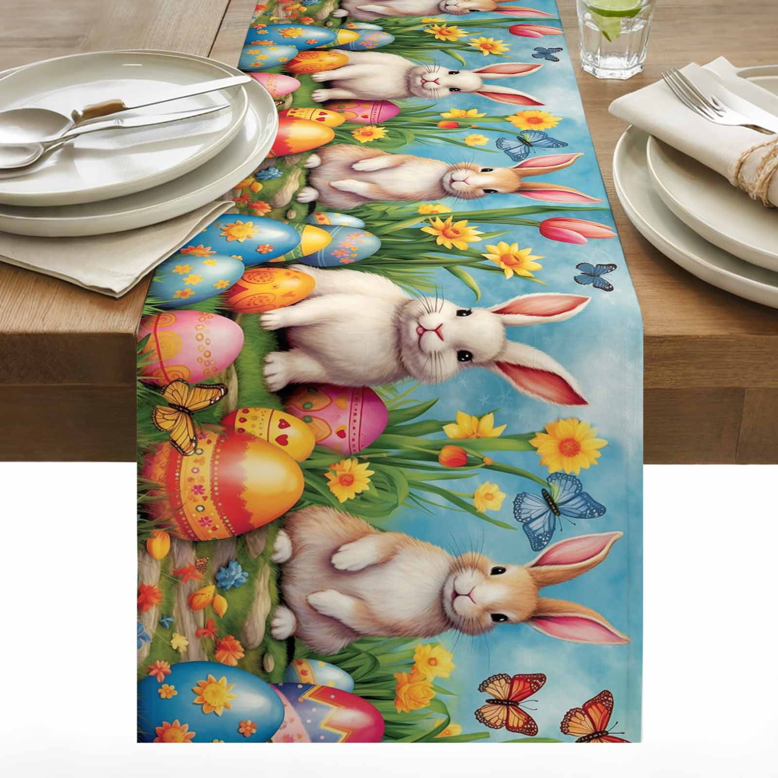 Easter Bunny Eggs Table Runner 13x108 inch Spring Flower Blue Butterfly ...