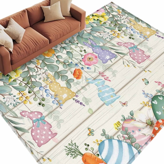 Easter Bunny Eggs Washable Area Rug 8 x 10 ft Spring Blue Pink Rabbit ...