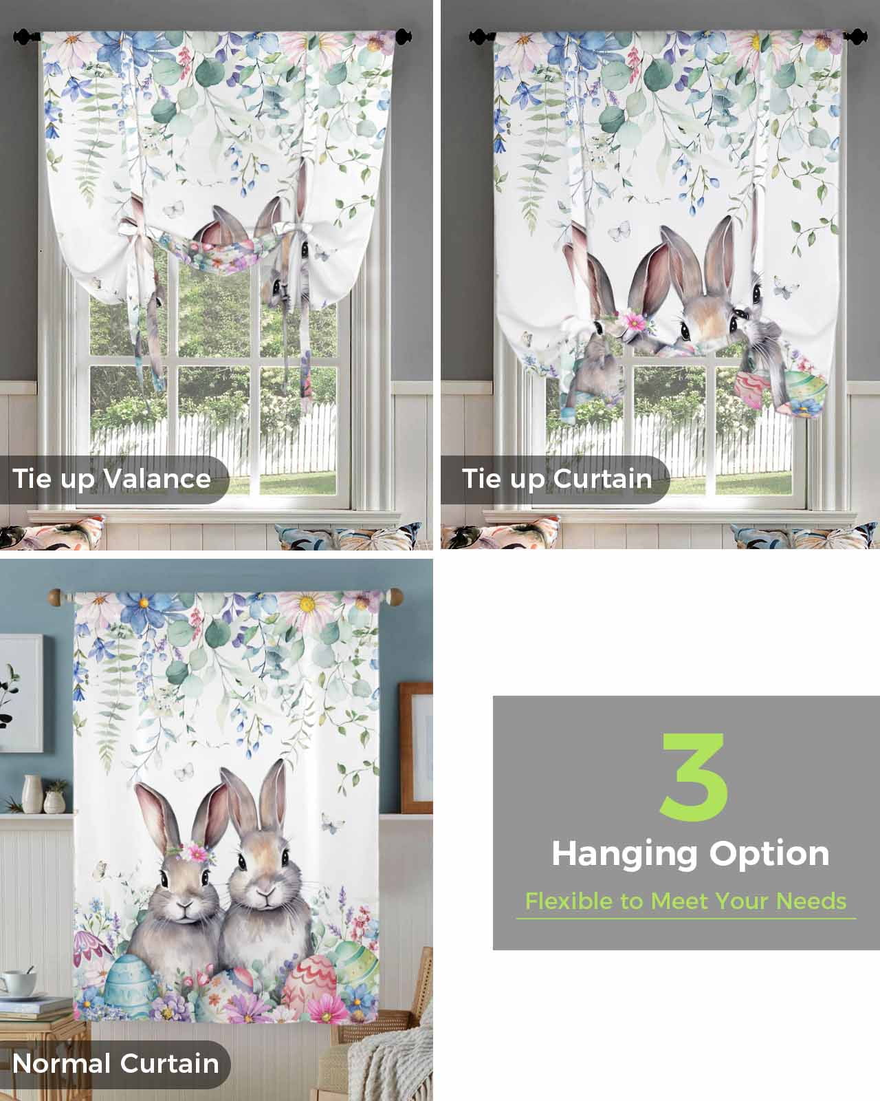Easter Bunny Eggs Watercolor Flowers Window Curtain for Living Room Adjustable Curtains for ...