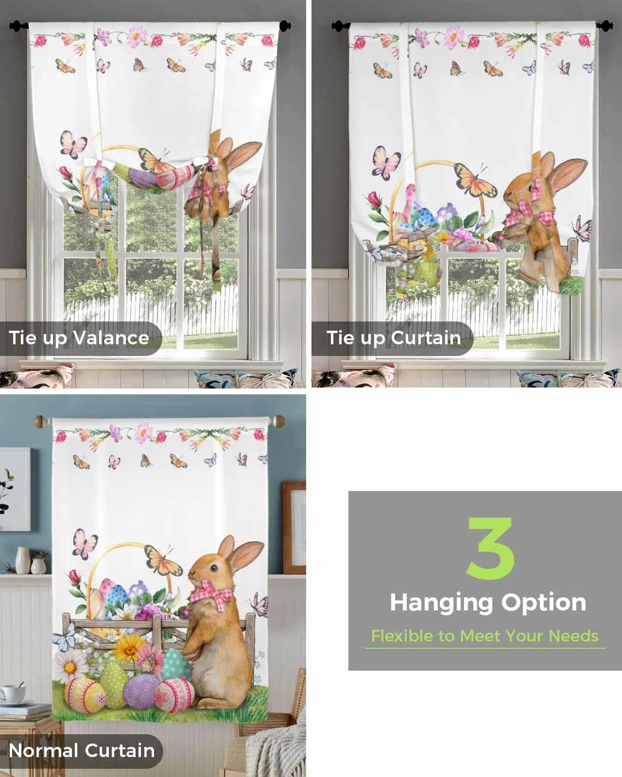 Easter Bunny Eggs Watercolor Flowers Window Curtain for Living Room ...