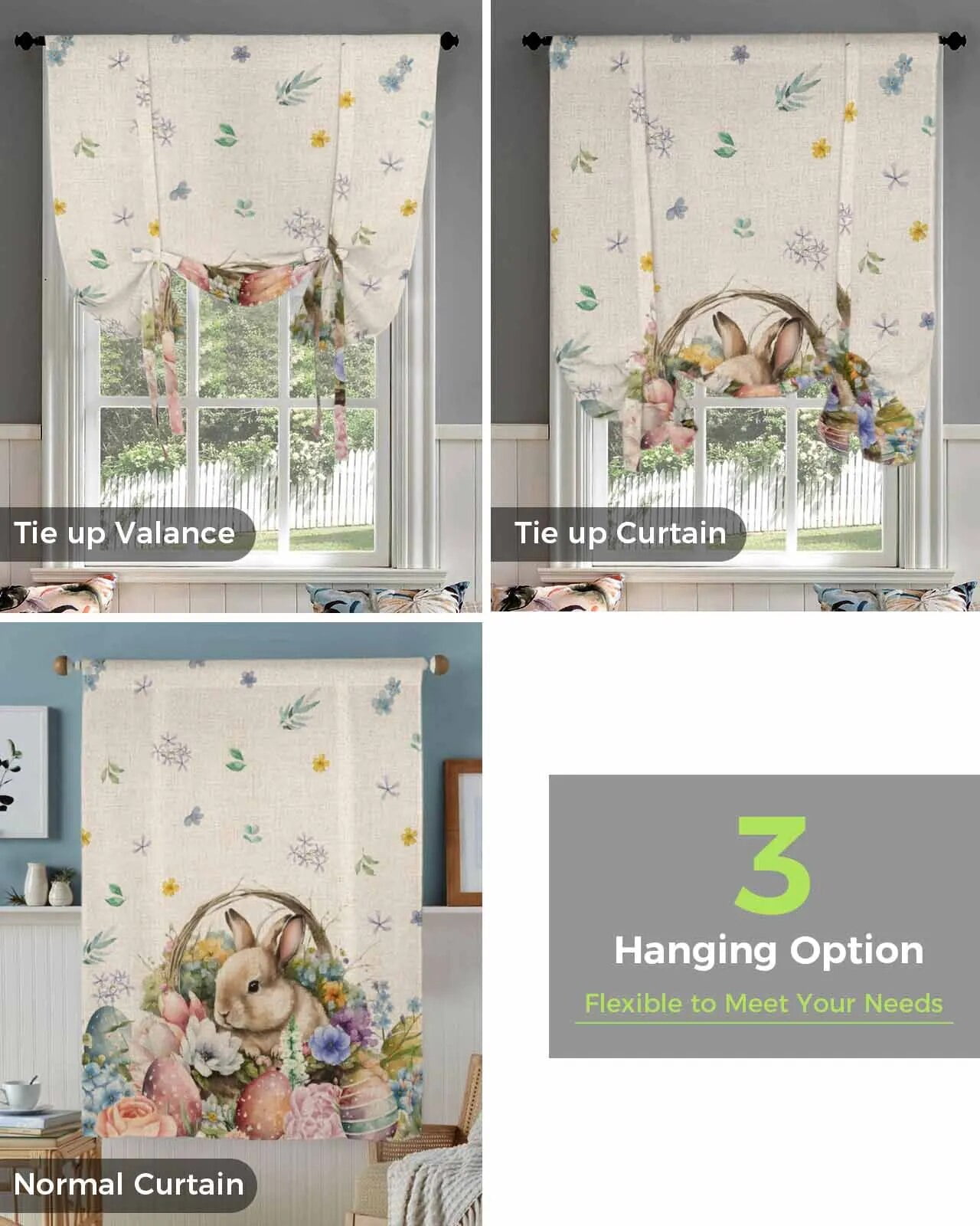 Easter Bunny Eggs Watercolor Flowers Window Curtain for Living Room ...