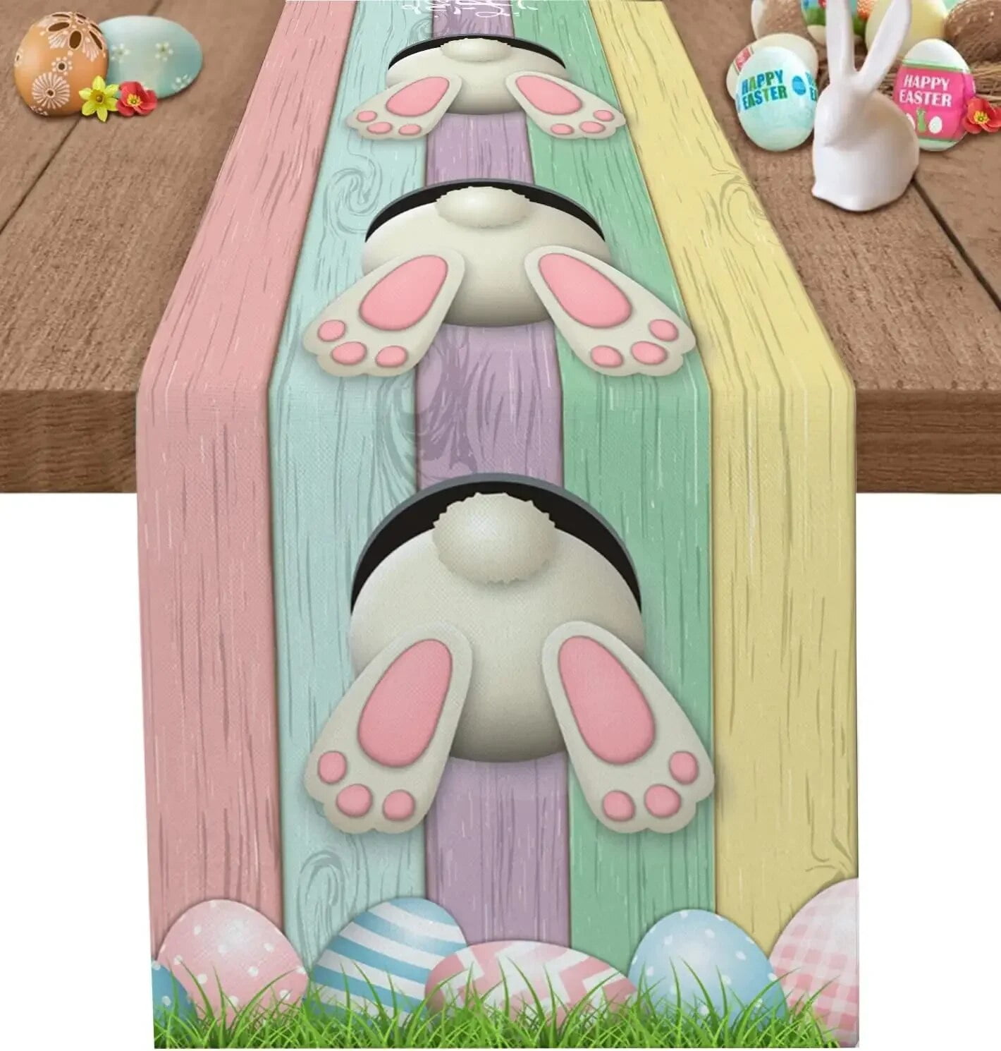 Easter Bunny Eggs Wood Grain Linen Table Runners Dresser Scarves Table ...