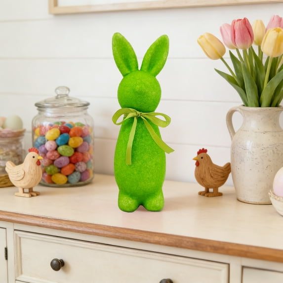 Easter Bunny Figurine with Flocked Bow | Vibrant Spring Tabletop Decor ...