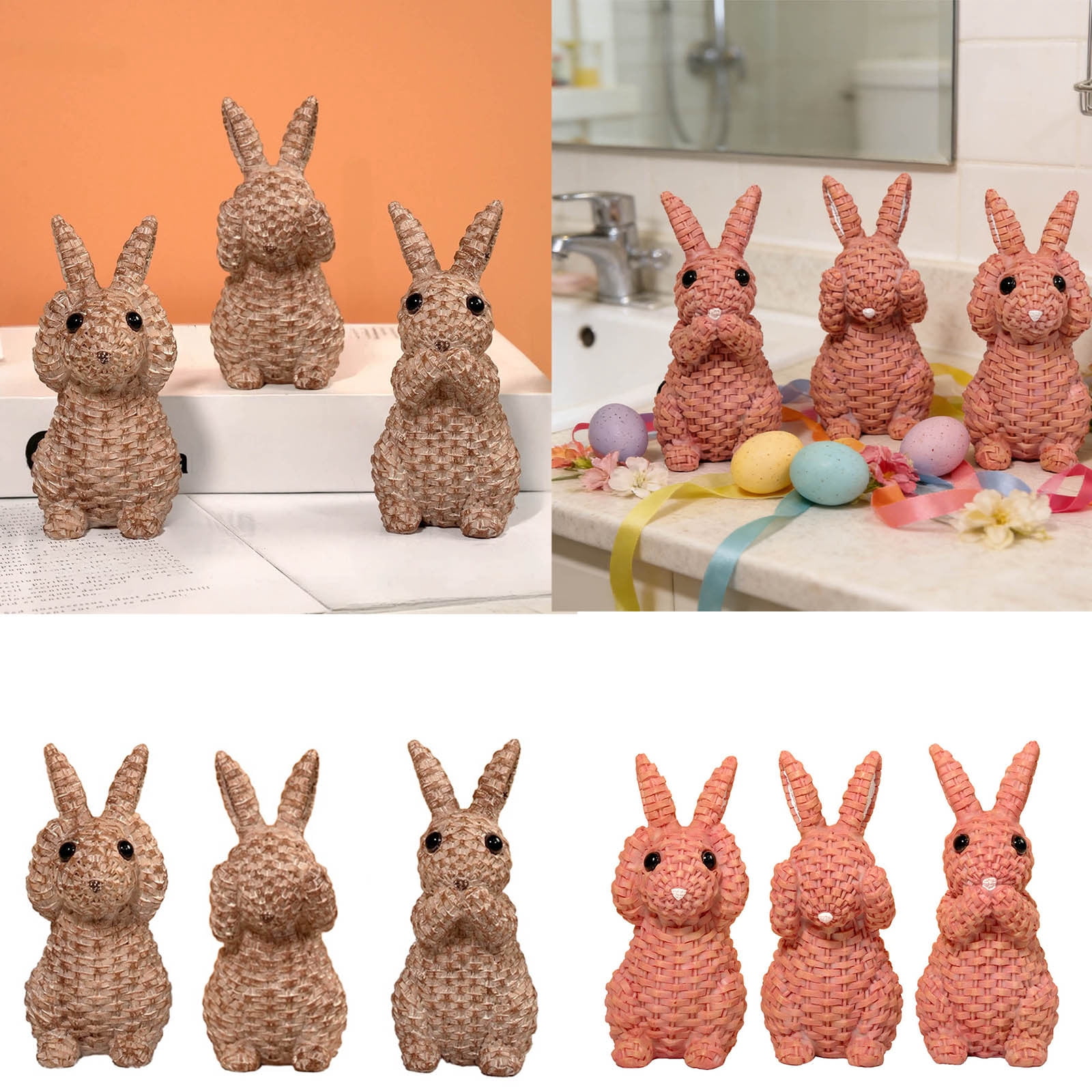 Easter Bunny Figurines Set Resin Rattan Rabbits Decor for Home Indoor ...