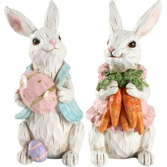 Easter Bunny Figurines Set of 2 - Hand-Painted Resin Rabbit Decorations ...