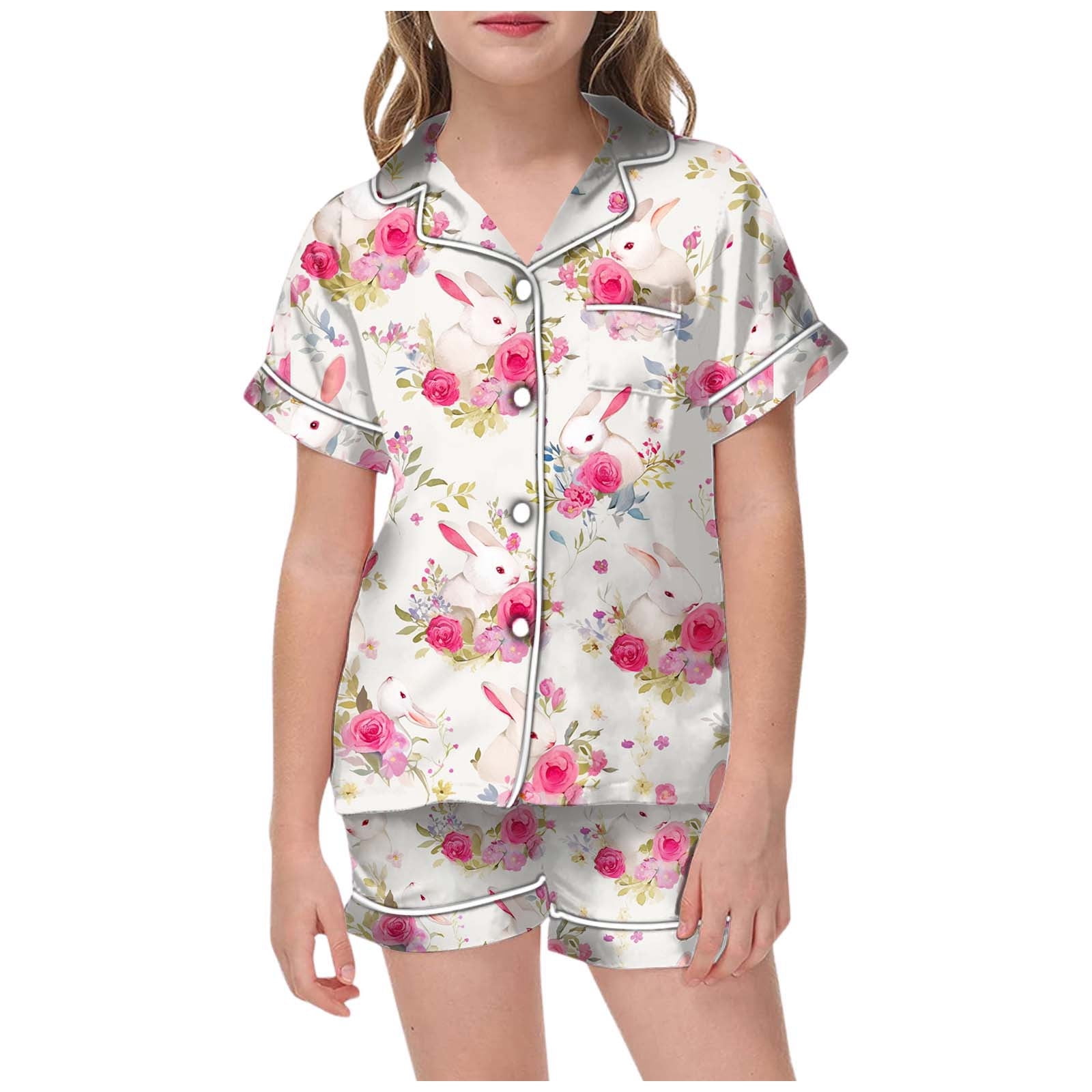 Easter Bunny Floral Print Kids Short Sleeve Pajama Set With Shorts For ...