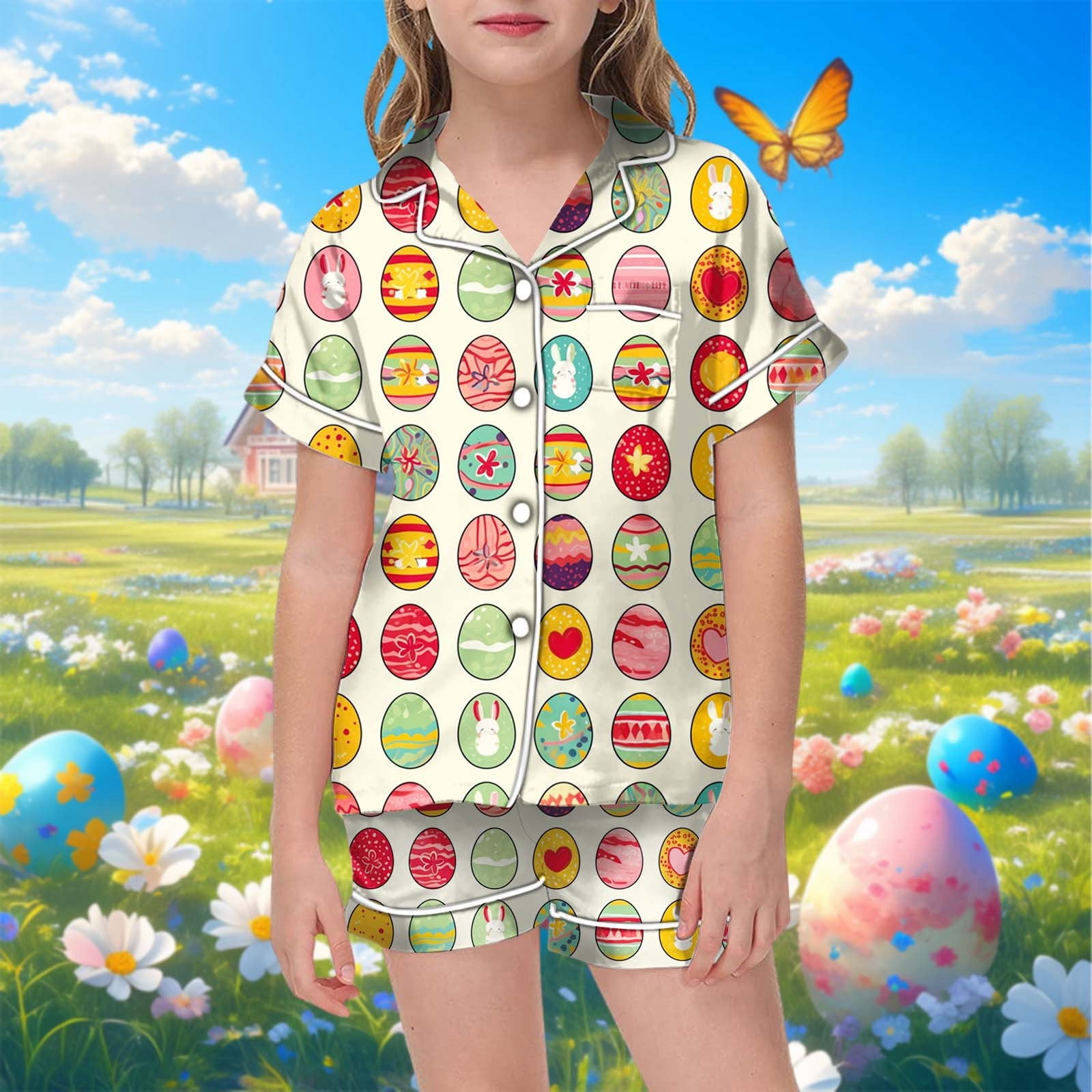Easter Bunny Floral Print Kids Short Sleeve Pajama Set with Shorts for ...