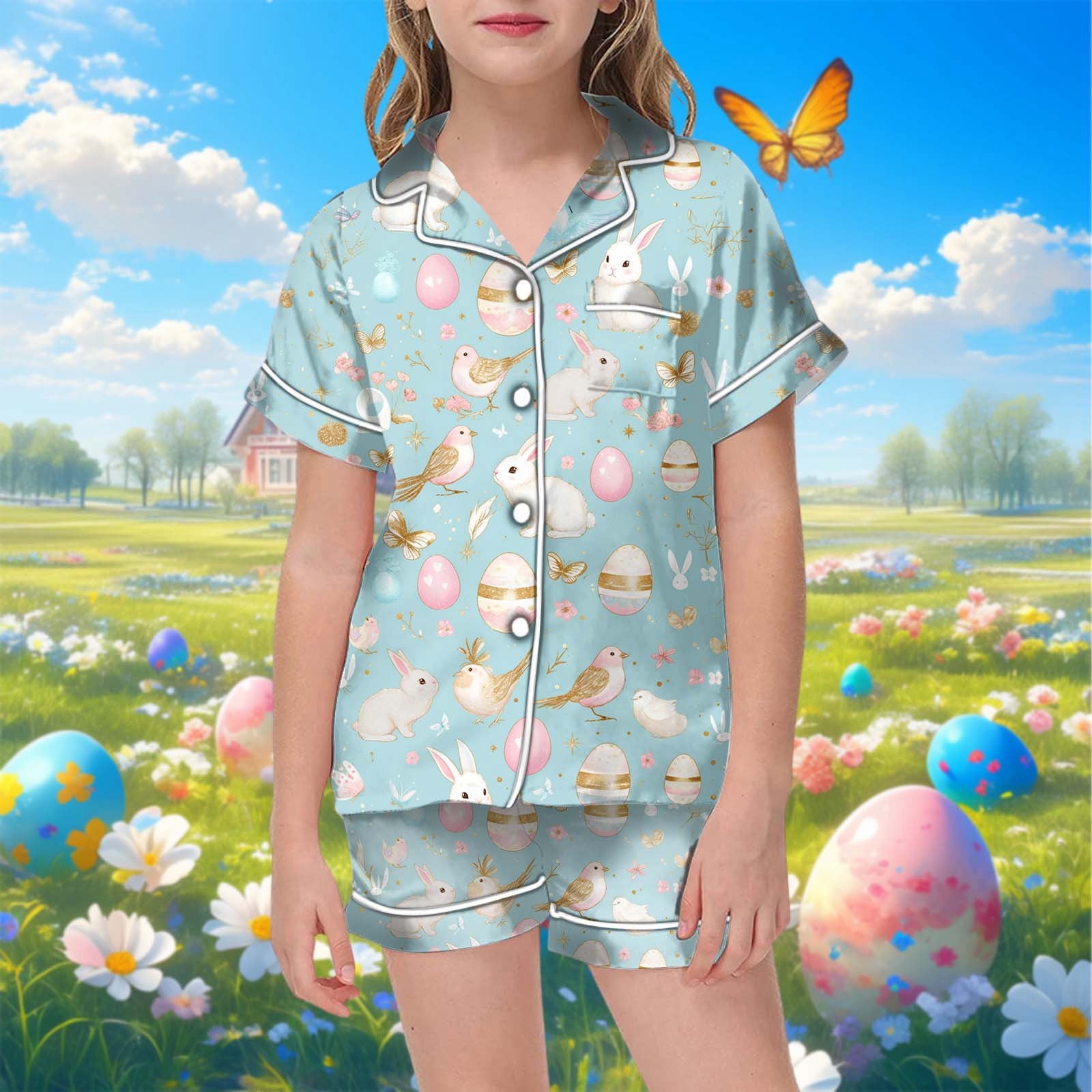 Easter Bunny Floral Print Kids Short Sleeve Pajama Set with Shorts for ...