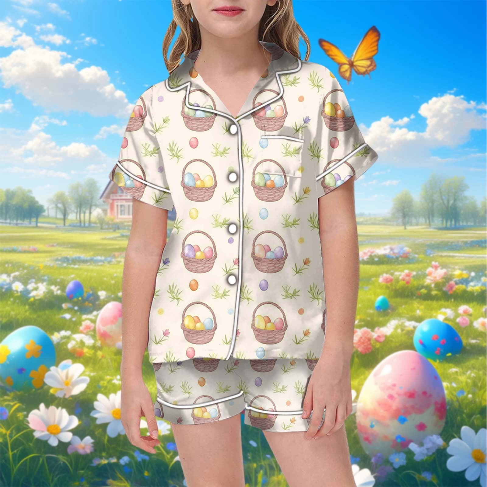 Easter Bunny Floral Print Kids Short Sleeve Pajama Set with Shorts for ...