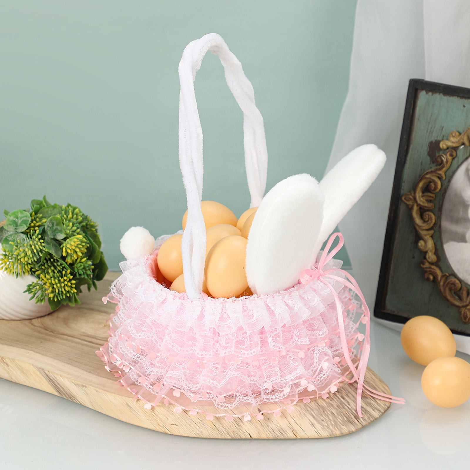 Easter Bunny Flower Basket with Bunny Ears, Portable Woven Storage ...