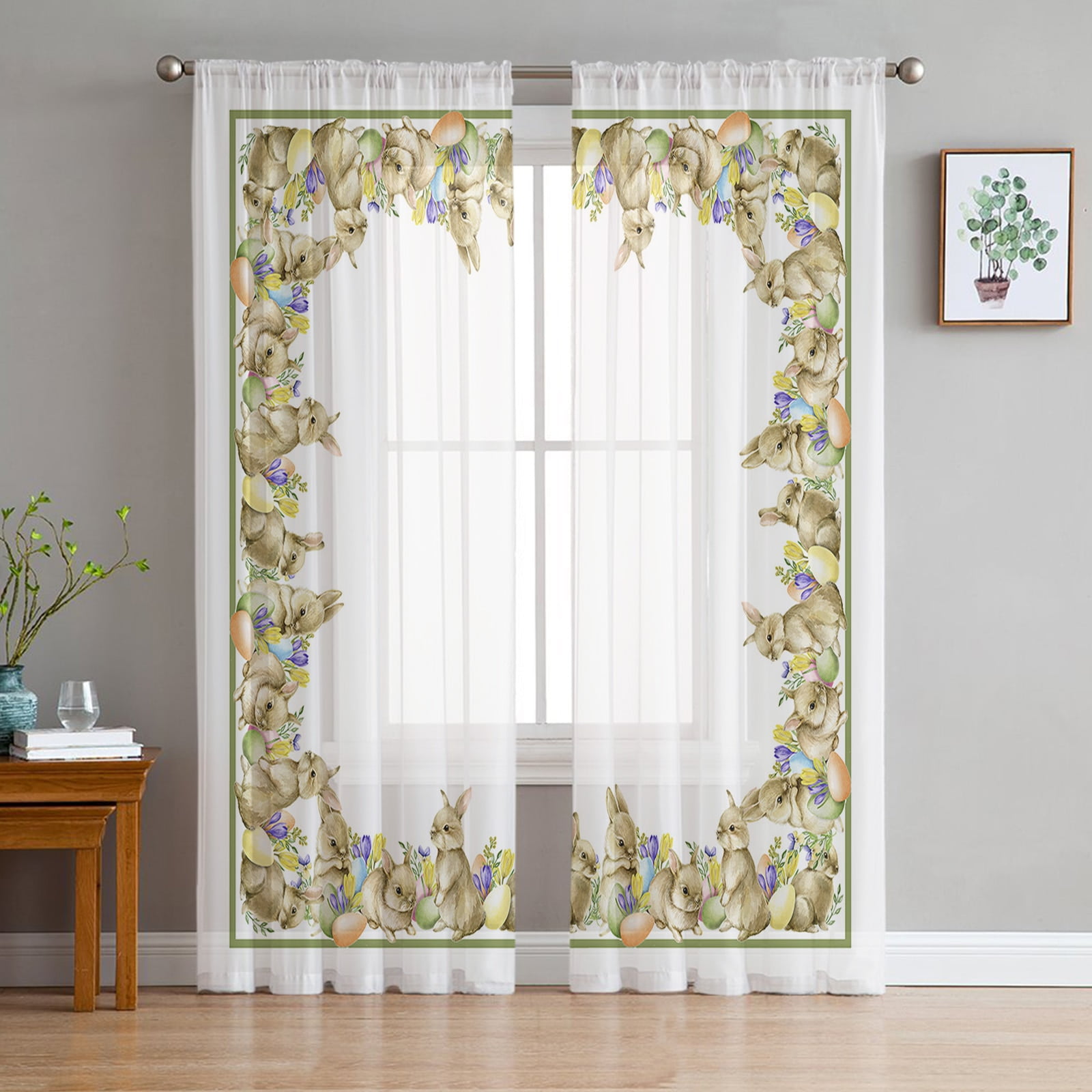 Easter Bunny Flower Butterfly Watercolor Rabbit Tulle Curtains for ...