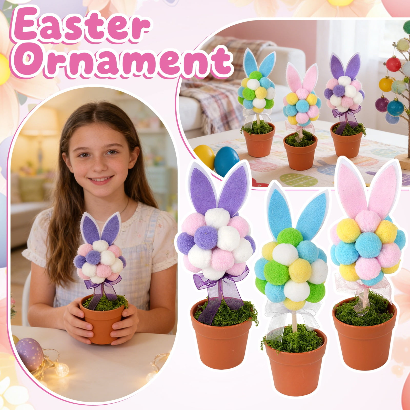 Easter Bunny Flower Pot Decoration 8.6" Pink Rabbits Ball Plush ...