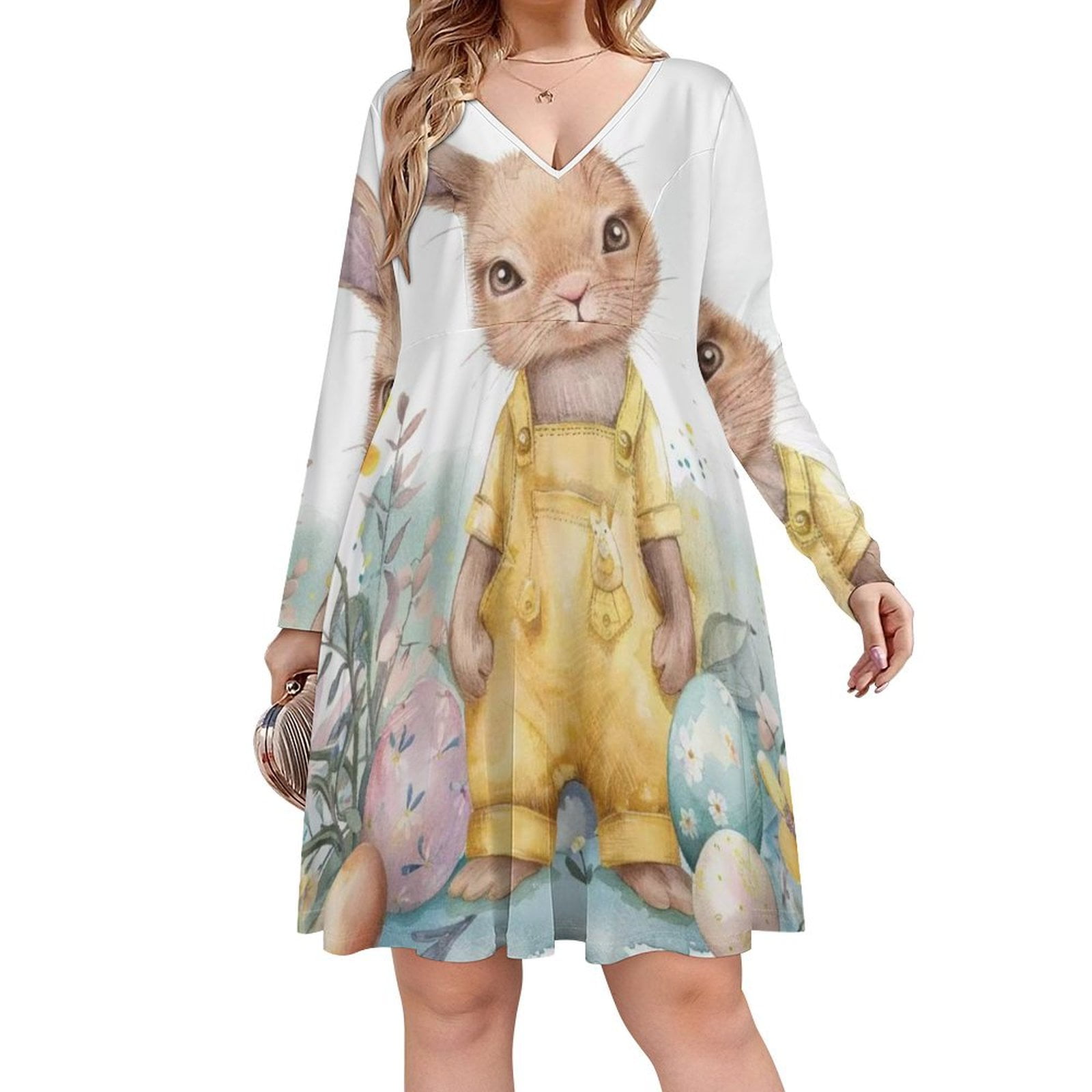 Easter Bunny Flowers Eggs Long Sleeve Dresses For Women Vintage Elegant ...