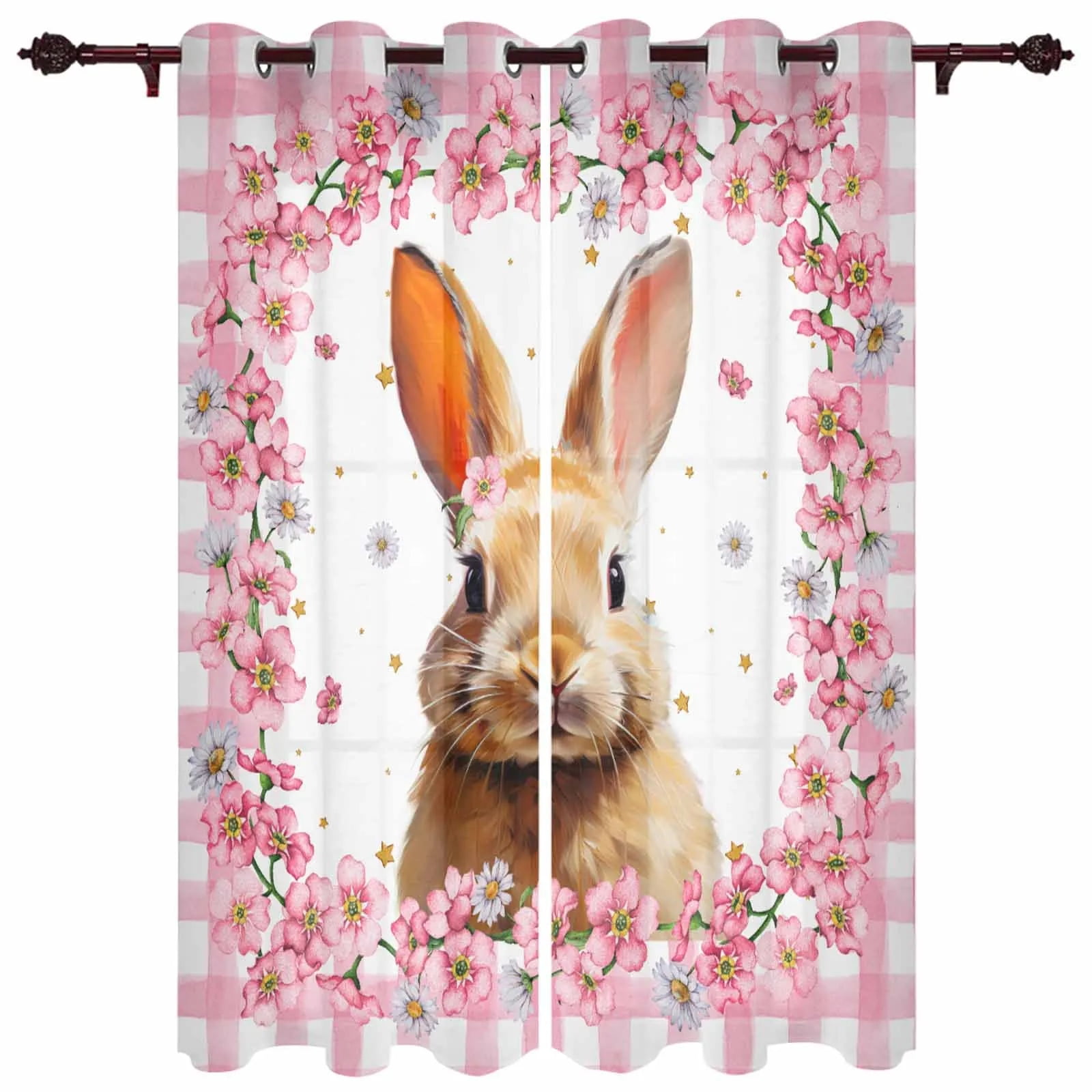Easter Bunny Flowers Watercolor Plaid Window Curtains for Living Room ...