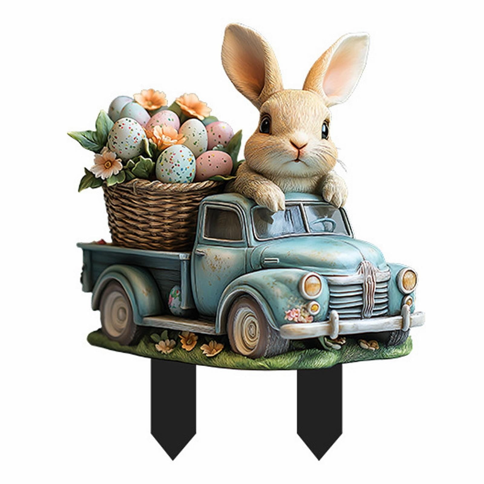 Easter Bunny Garden Stake with Vintage Truck and Eggs Basket Decorative ...