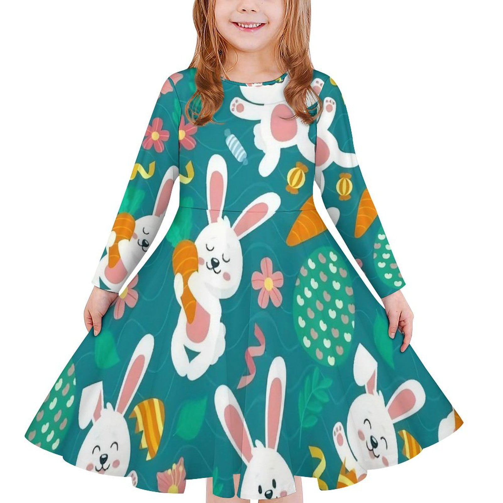 Easter Bunny Girls Cartoon Long Sleeve Dress A Line Girls Dress M ...