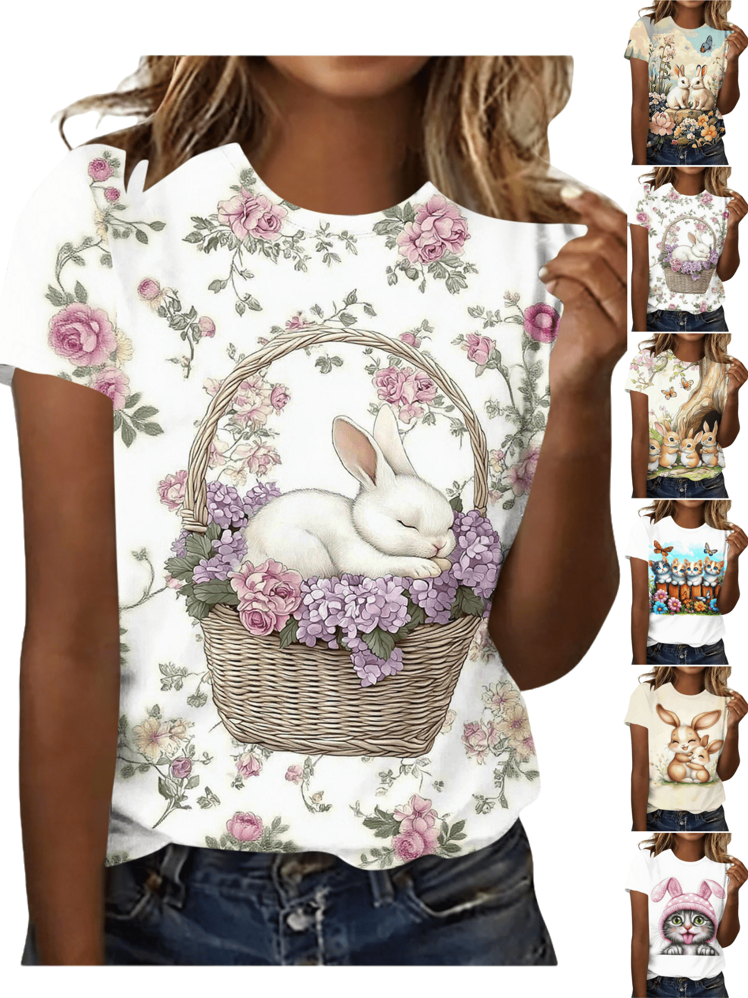 Easter Bunny Graphic T-Shirt for Women Novelty Rabbit Ear Hat Print ...
