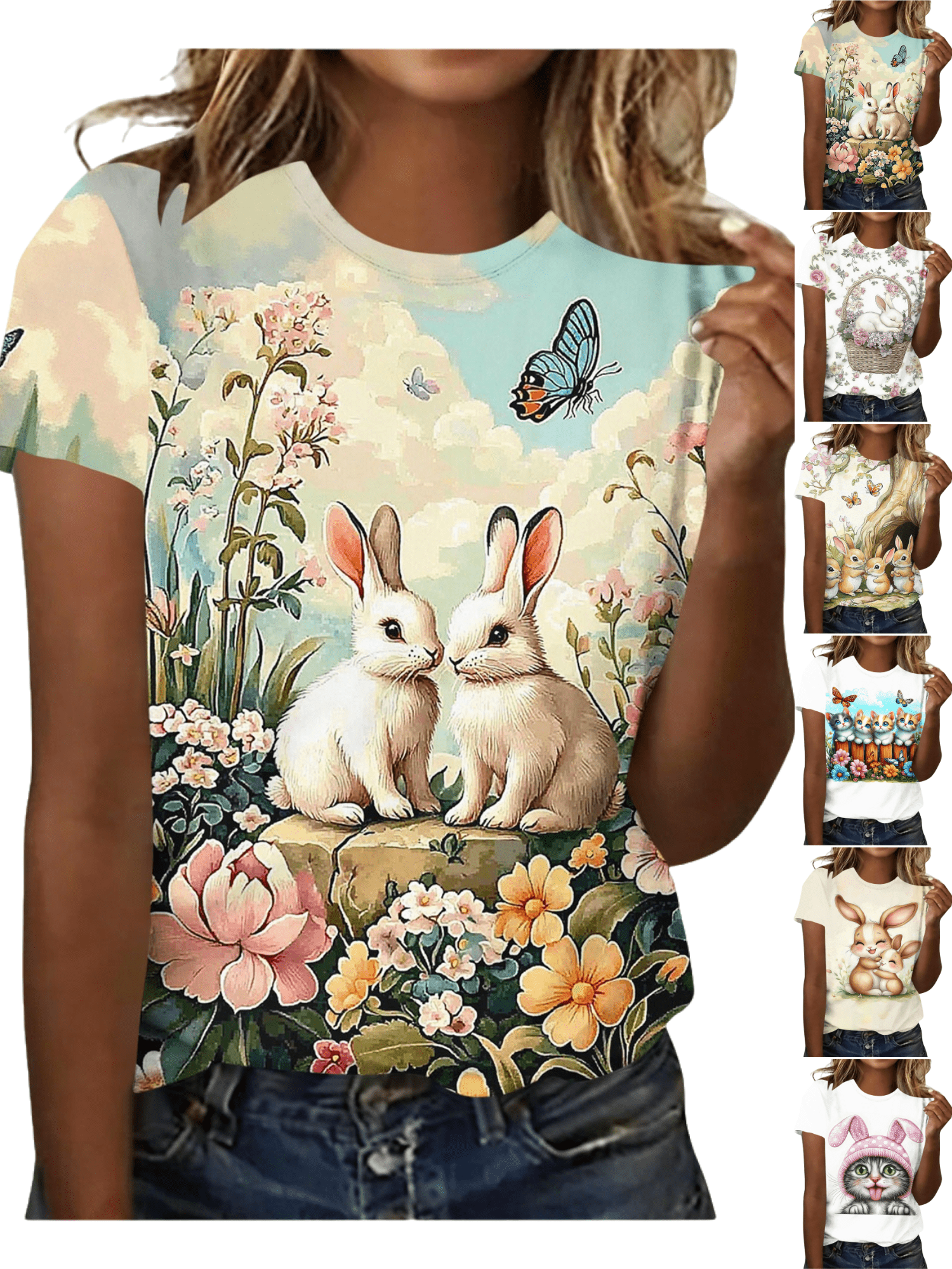 Easter Bunny Graphic T-Shirt for Women Novelty Rabbit Ear Hat Print ...