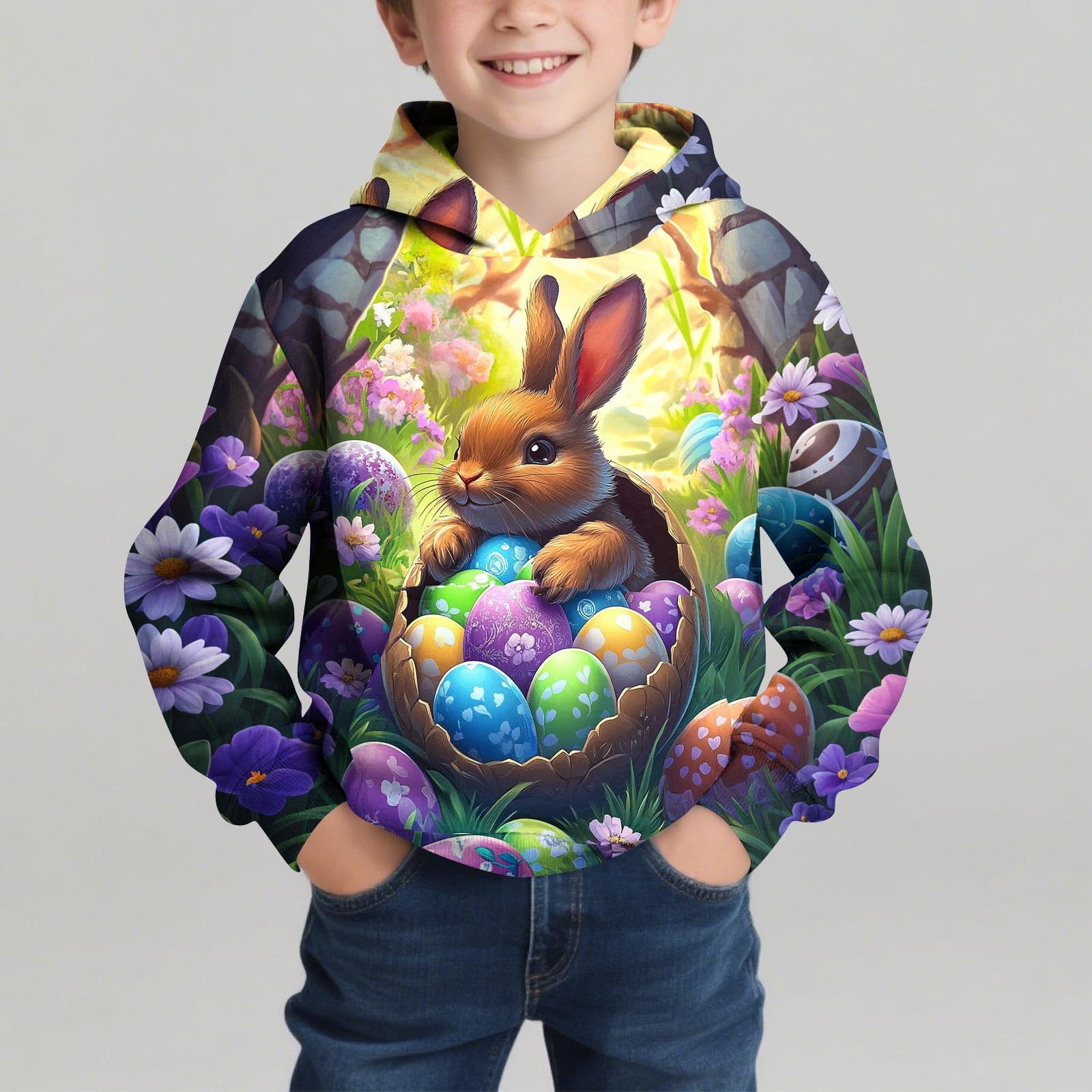 Easter Bunny Hoodie for Boys 3D Print Mint Green Soft Fleece Pullover ...
