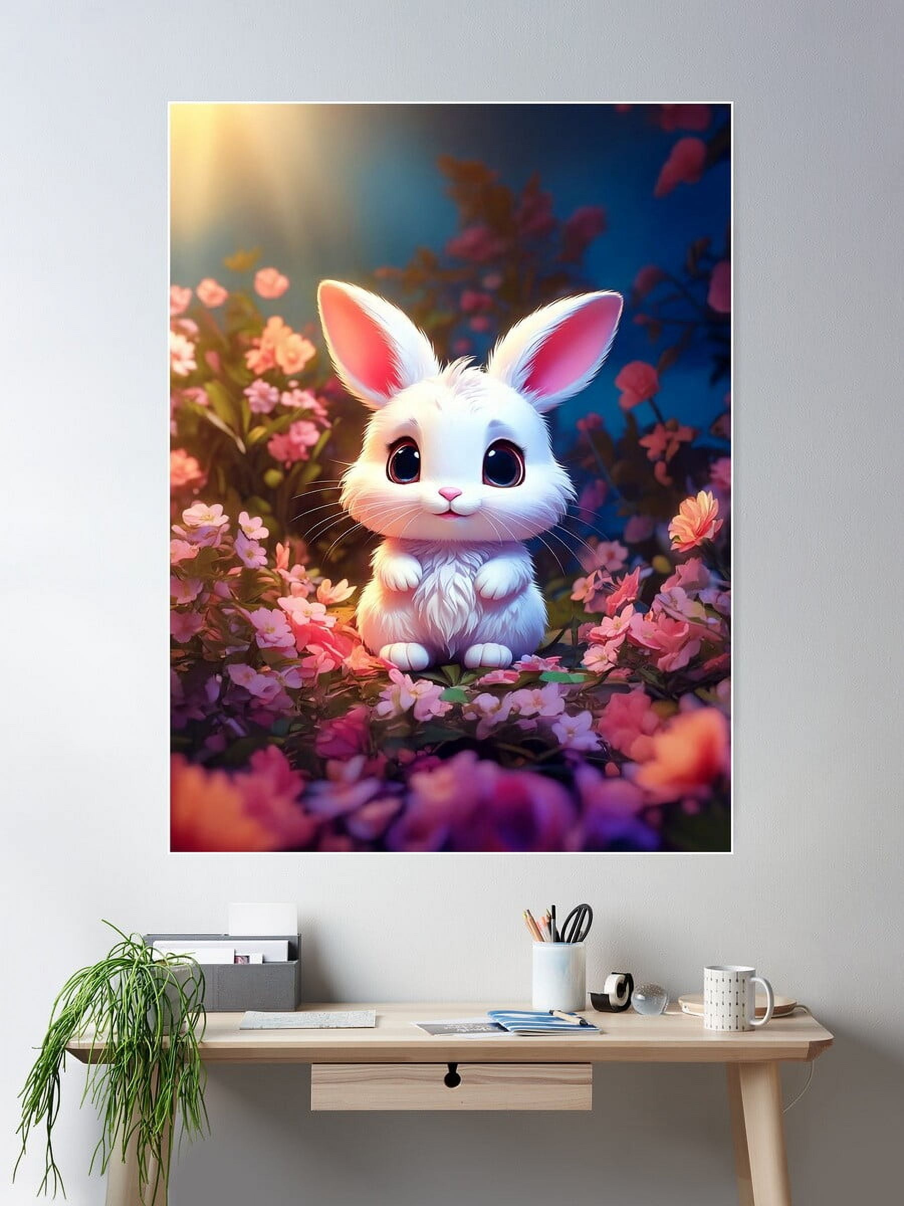 Easter Bunny In Spring Floral Garden Poster Wall Art, Modern Wall Decor ...