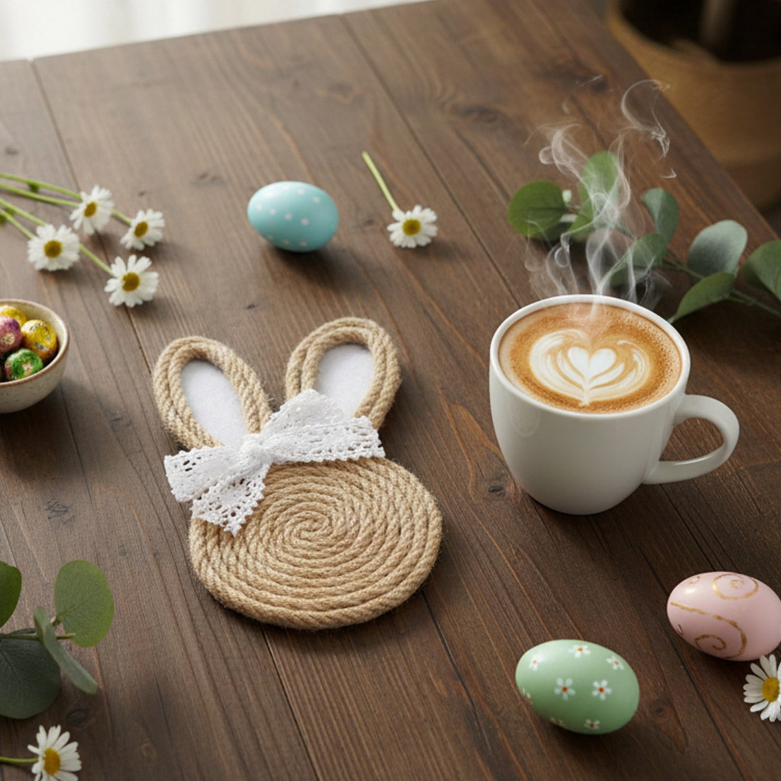 Easter Bunny Jute Table Coaster - Rustic Rope Woven Heat-Resistant Mat ...