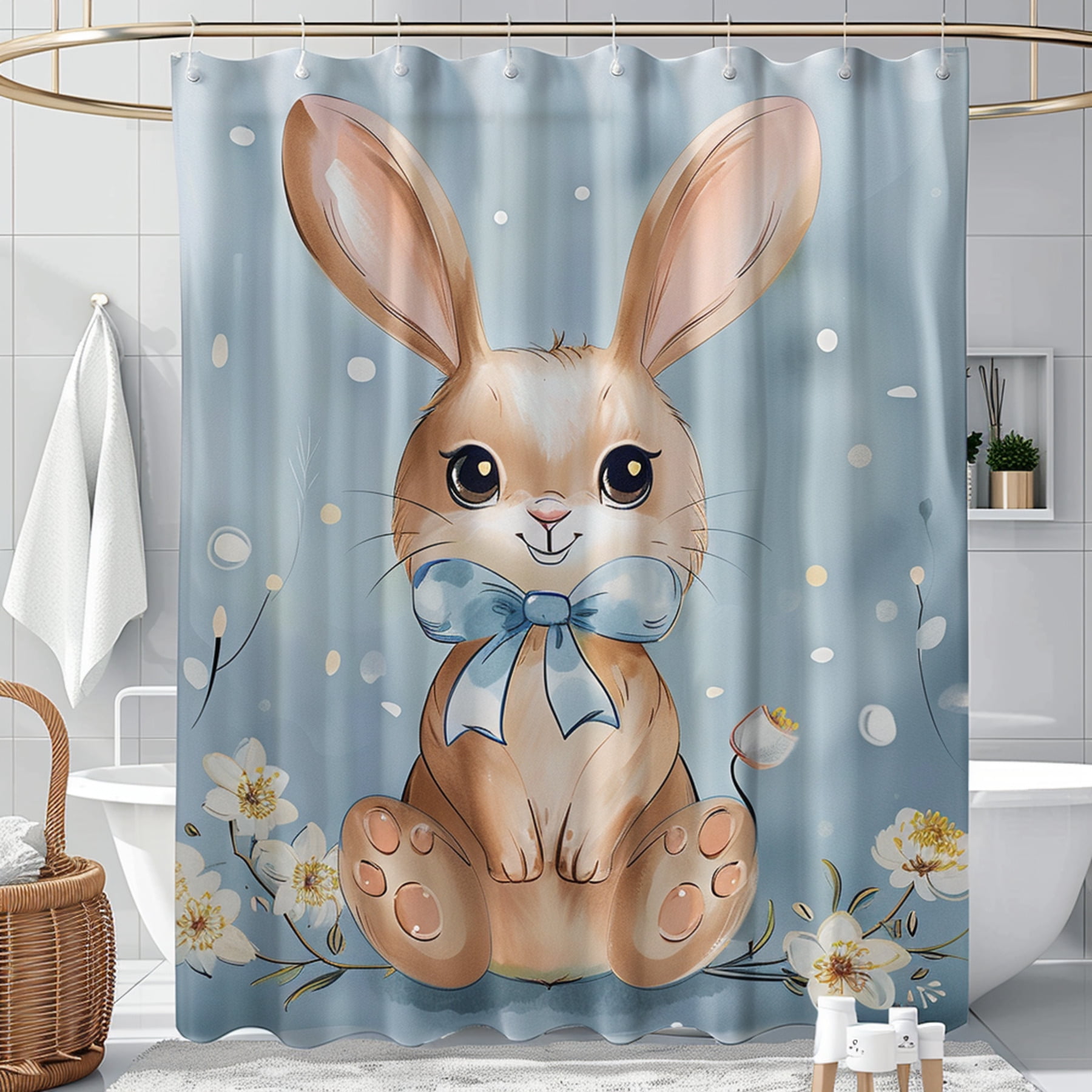 Easter Bunny Kids Cartoon Shower Curtain Blue Background White Brown ...