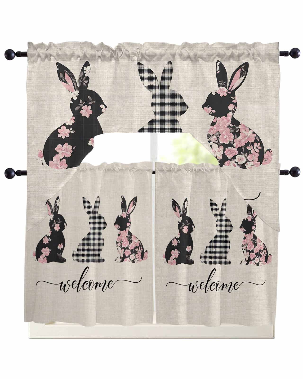 Easter Bunny Kitchen Curtains Sets 36 Inch Length with Valance, Black ...