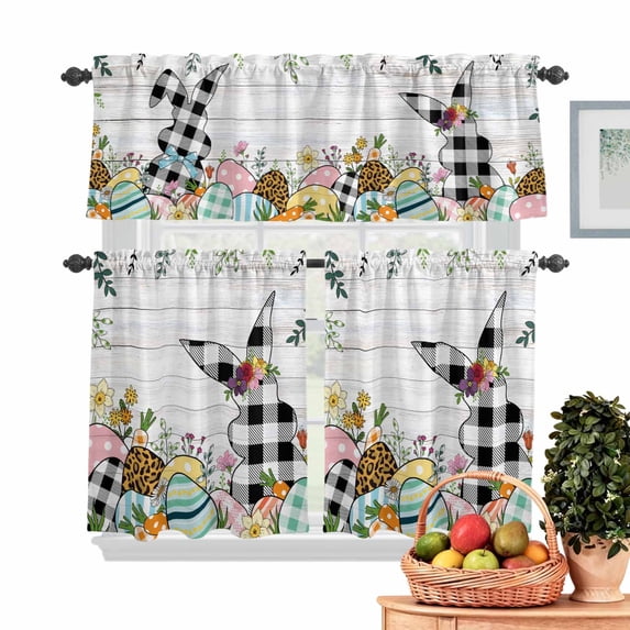 Easter Bunny Kitchen Curtains Valances 3 Piece Set, Plaid Rabbit Eggs ...