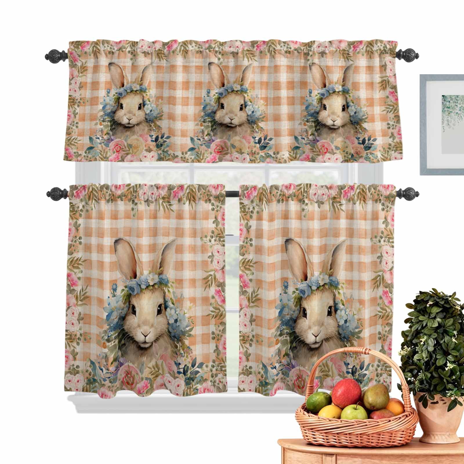 Easter Bunny Kitchen Curtains Valances 3 Piece Set, Rabbits with Wreath ...