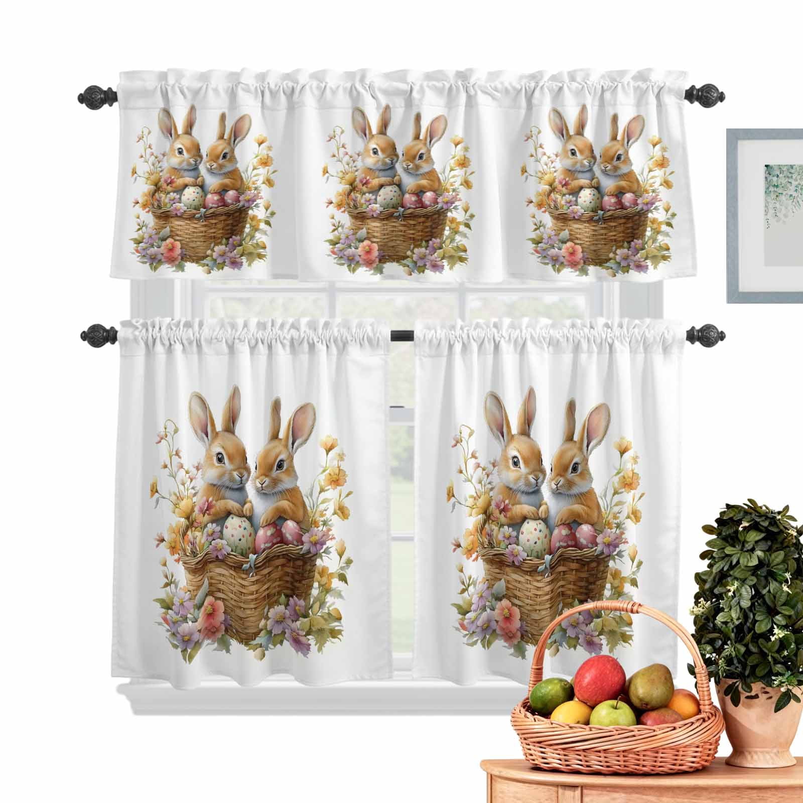 Easter Bunny Kitchen Curtains Valances 3 Piece Set, Watercolor Spring ...