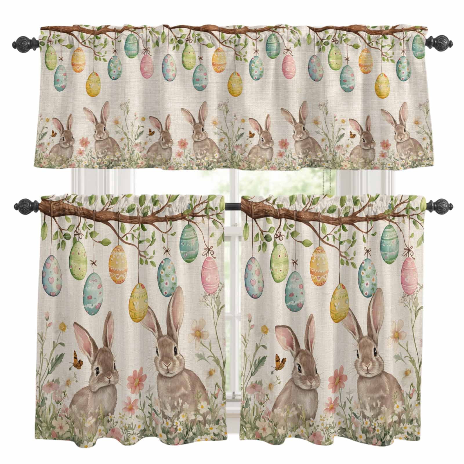 Easter Bunny Kitchen Curtains and Valances Set, Colorful Eggs Spring ...