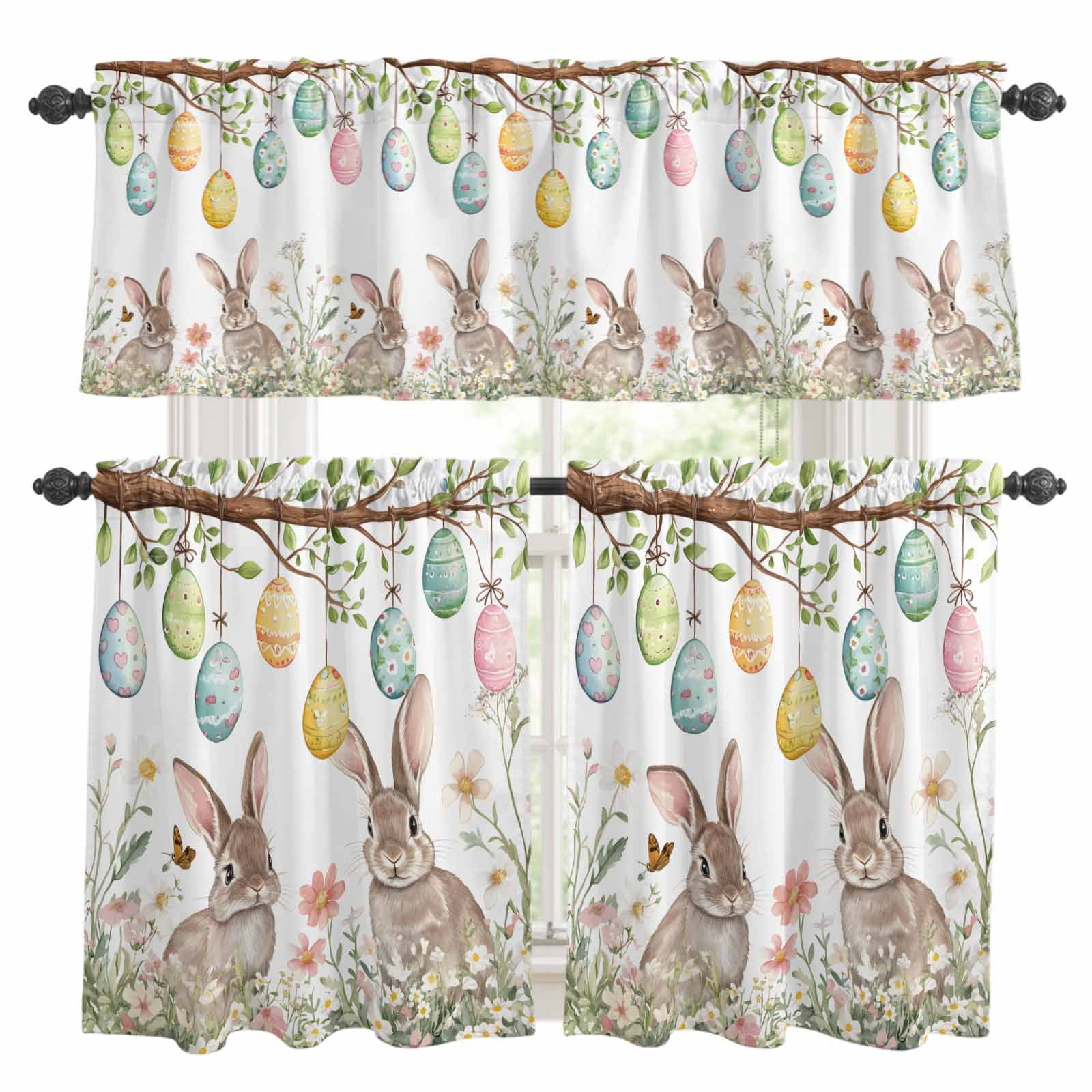 Easter Bunny Kitchen Curtains and Valances Set, Colorful Eggs Spring ...