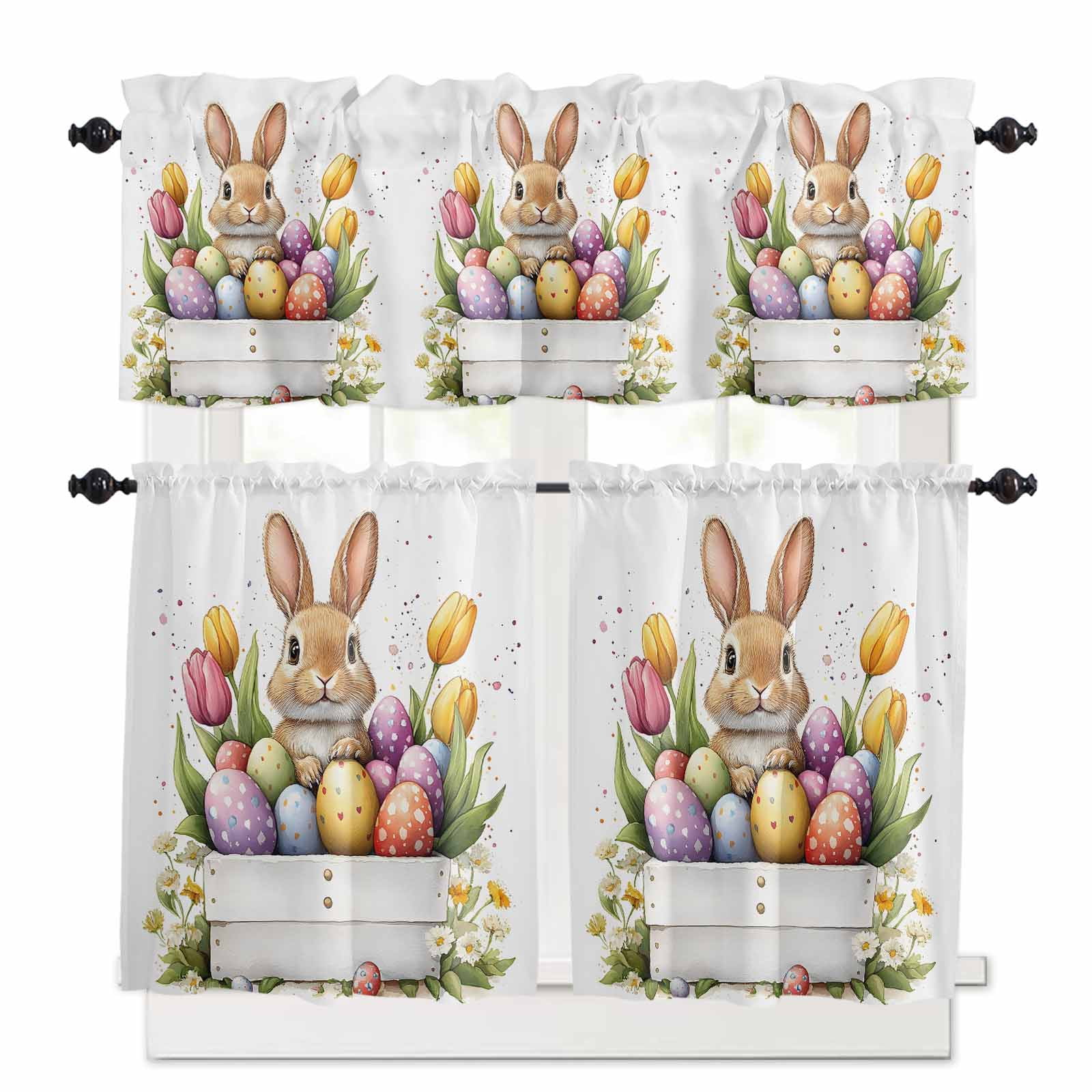 Easter Bunny Kitchen Curtains Valances and Tiers Set of 3 Watercolor ...