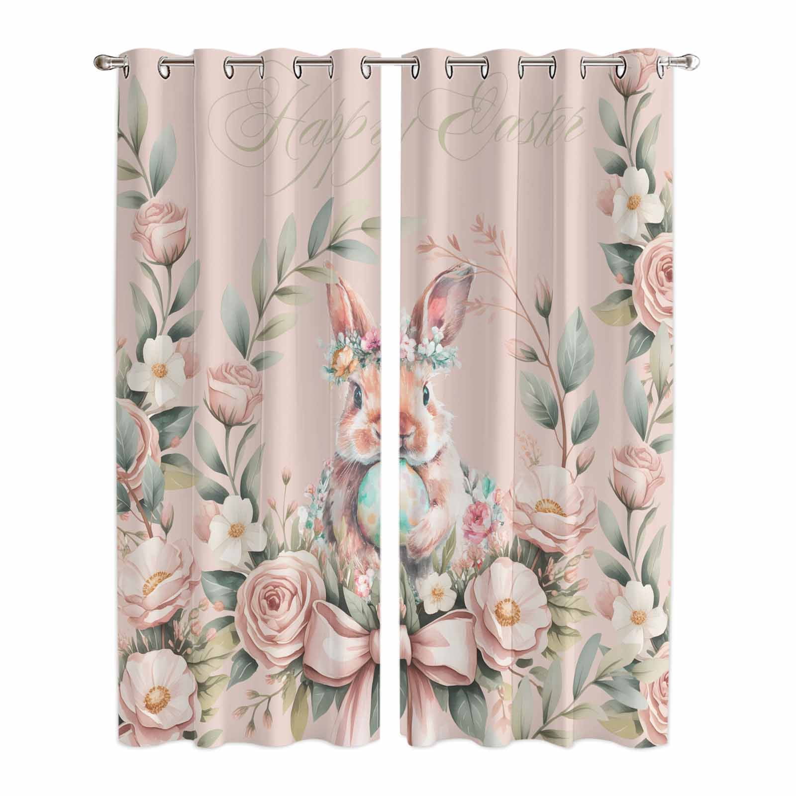 Easter Bunny Kitchen Curtains Window Panels, Cute Pink Rabbit Rose ...