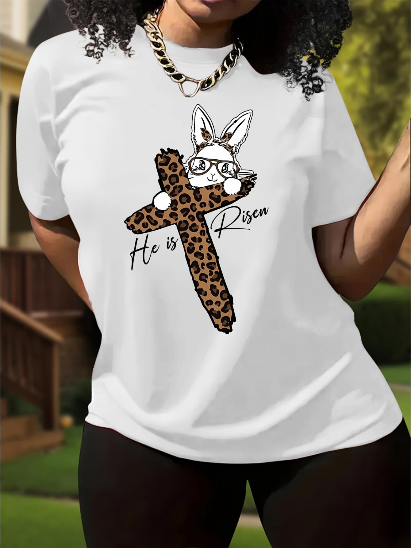 Easter Bunny & Leopard Print Cross Graphic Tee - Soft Polyester Round ...