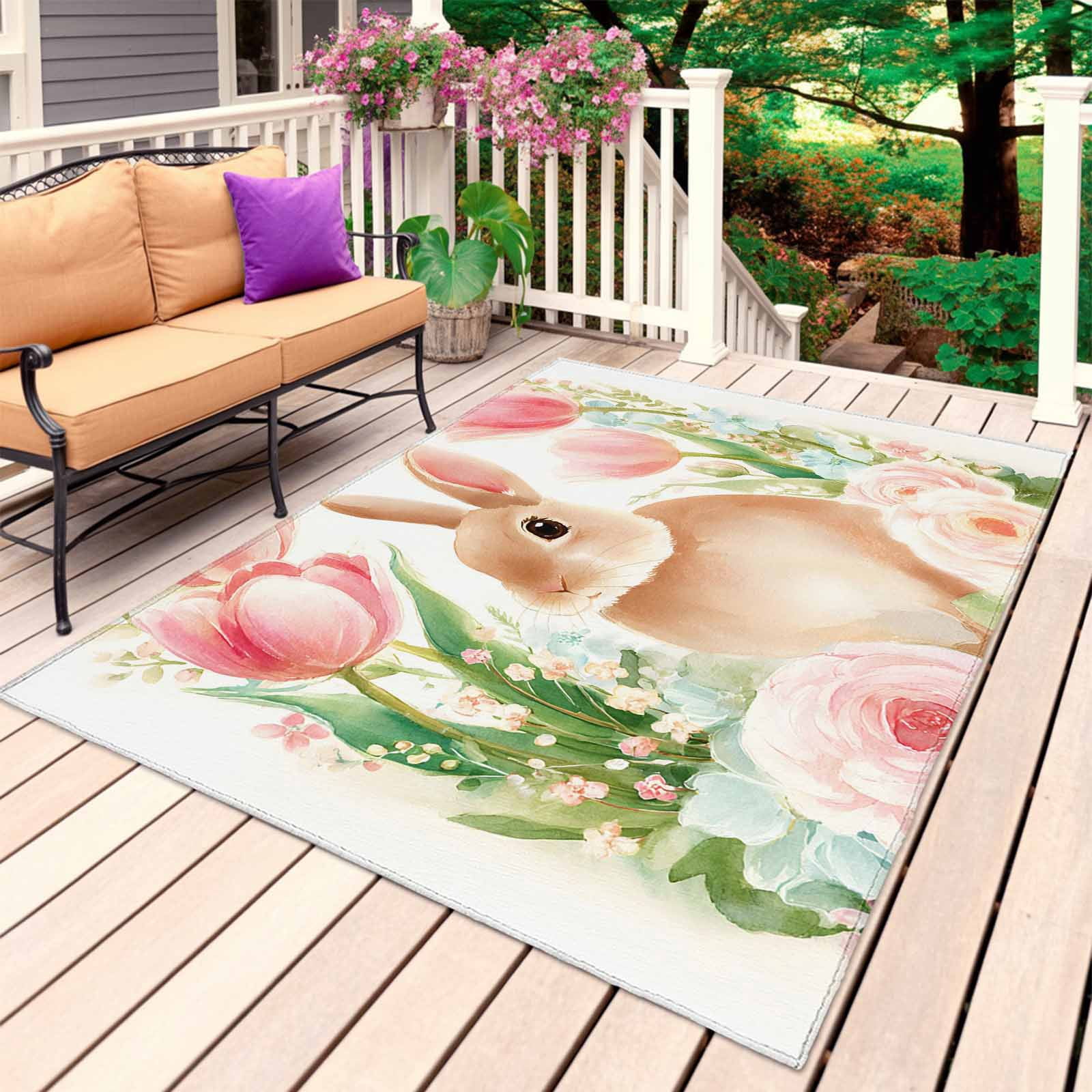 Easter Bunny Outdoor Rug 6x9 Ft, Non Slip Washable Area Rug, Pink Tulip ...