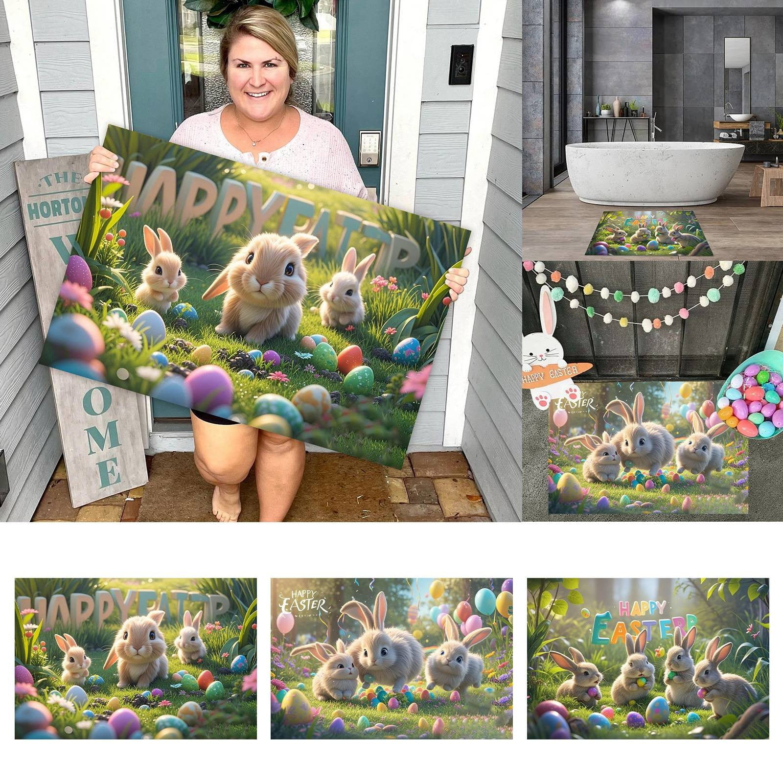 Easter Bunny Pattern Soft Velvet Carpet Festive Atmosphere Cute ...