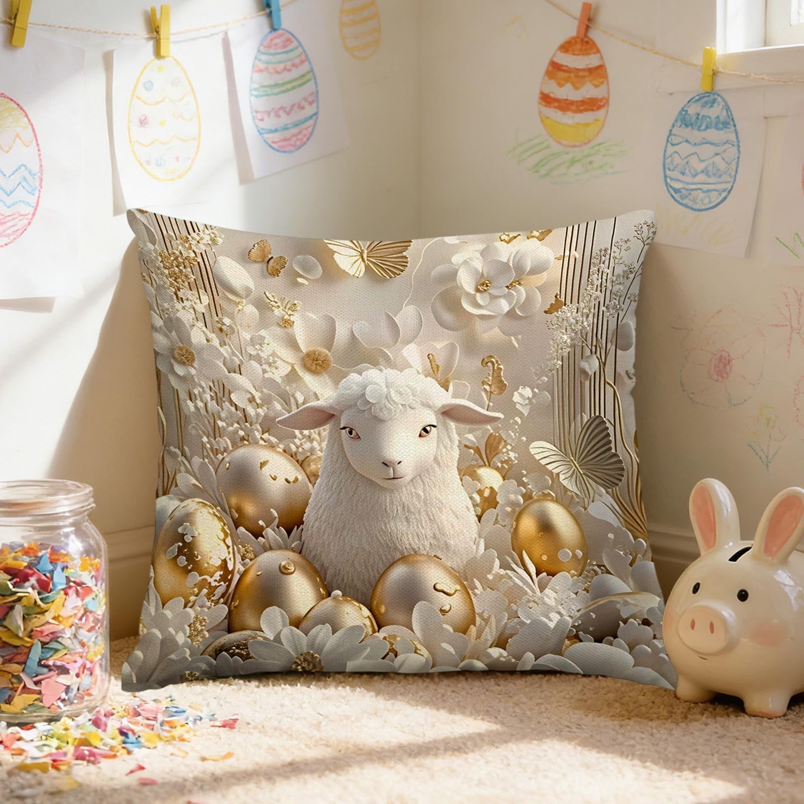 Easter Bunny Pillowcase 18"x18" – Double-Sided Watercolor Print Cushion ...