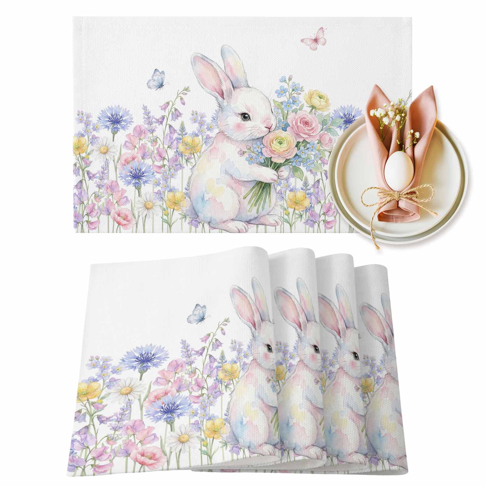 Easter Bunny Placemats Set of 2, Spring Cute Rabbit with Blue Pink ...
