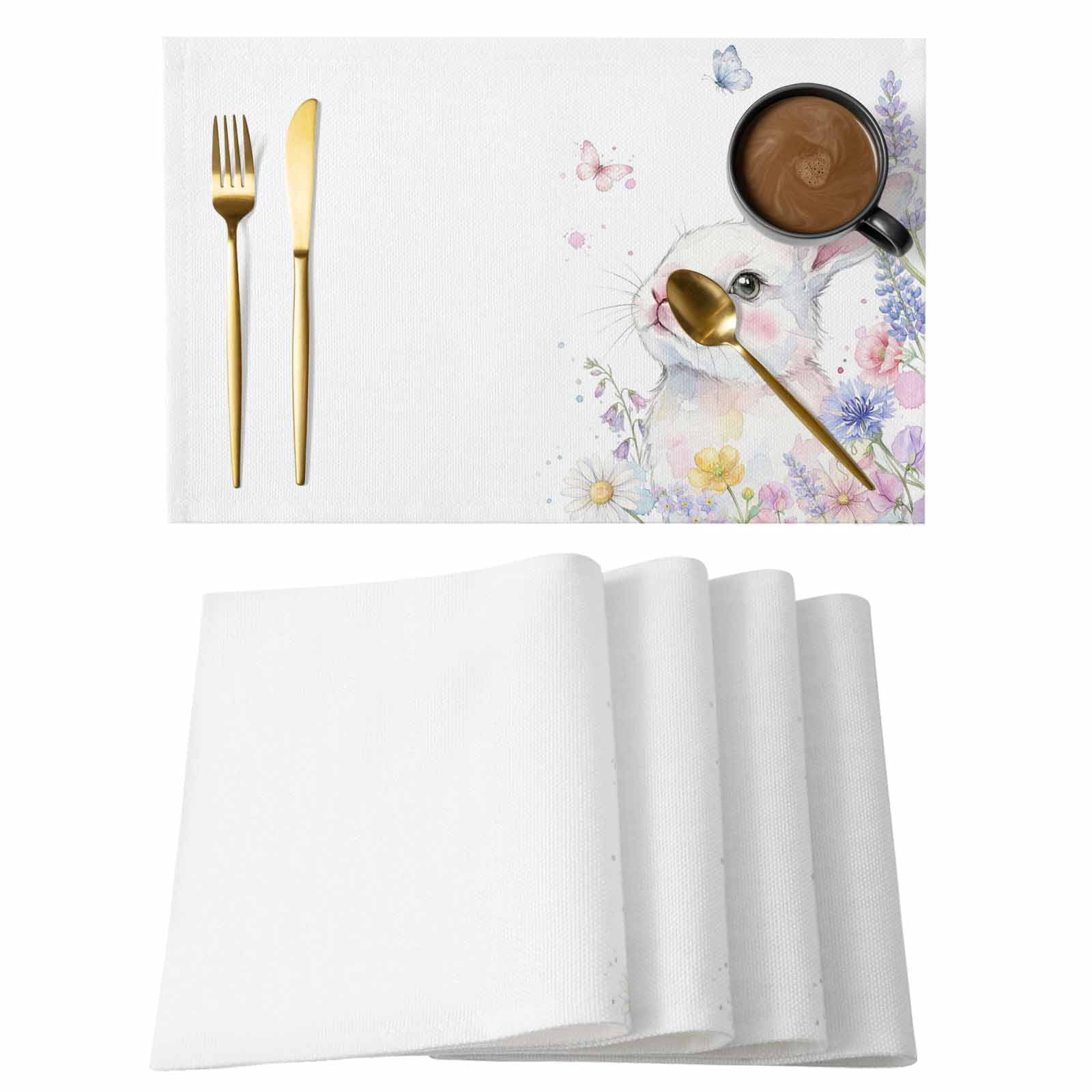 Easter Bunny Placemats Set of 2, Spring Watercolor Cute Rabbit Flower ...