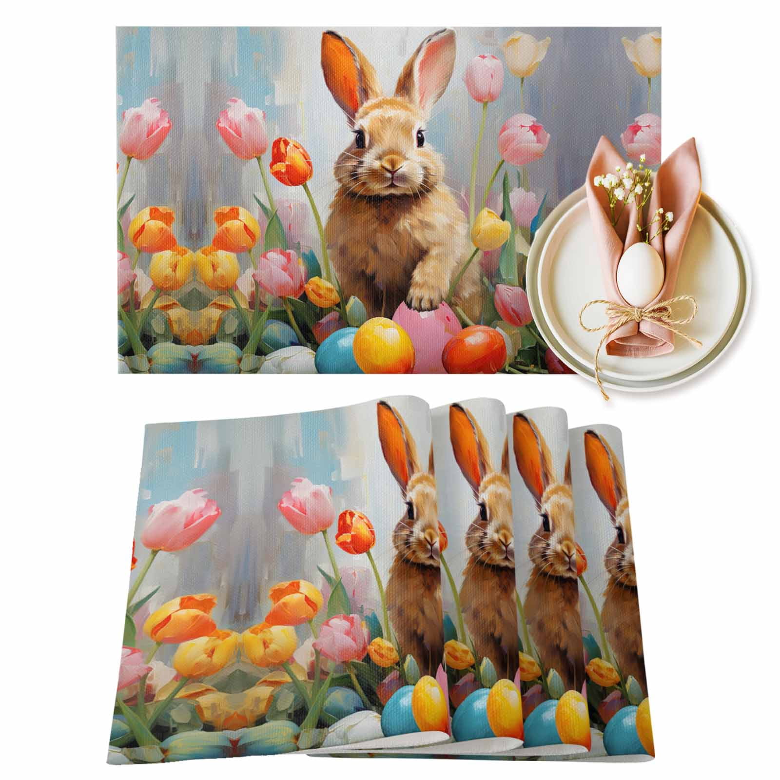 Easter Bunny Placemats Set of 4, Rabbits Colorful Eggs Tulips Flower ...