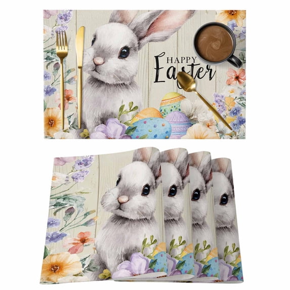 Easter Bunny Placemats Set of 6, Cute Rabbits Eggs Watercolor Flower ...