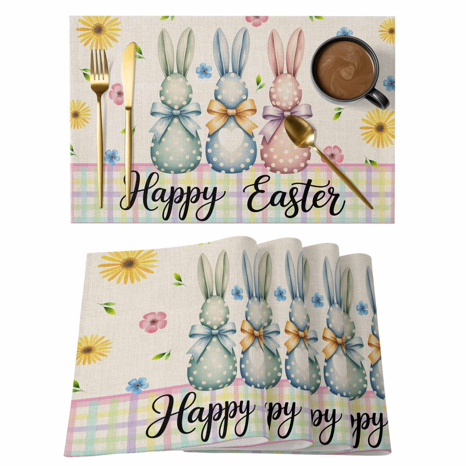 Easter Bunny Placemats Set of 6 Spring Watercolor Polka Dot Flower ...