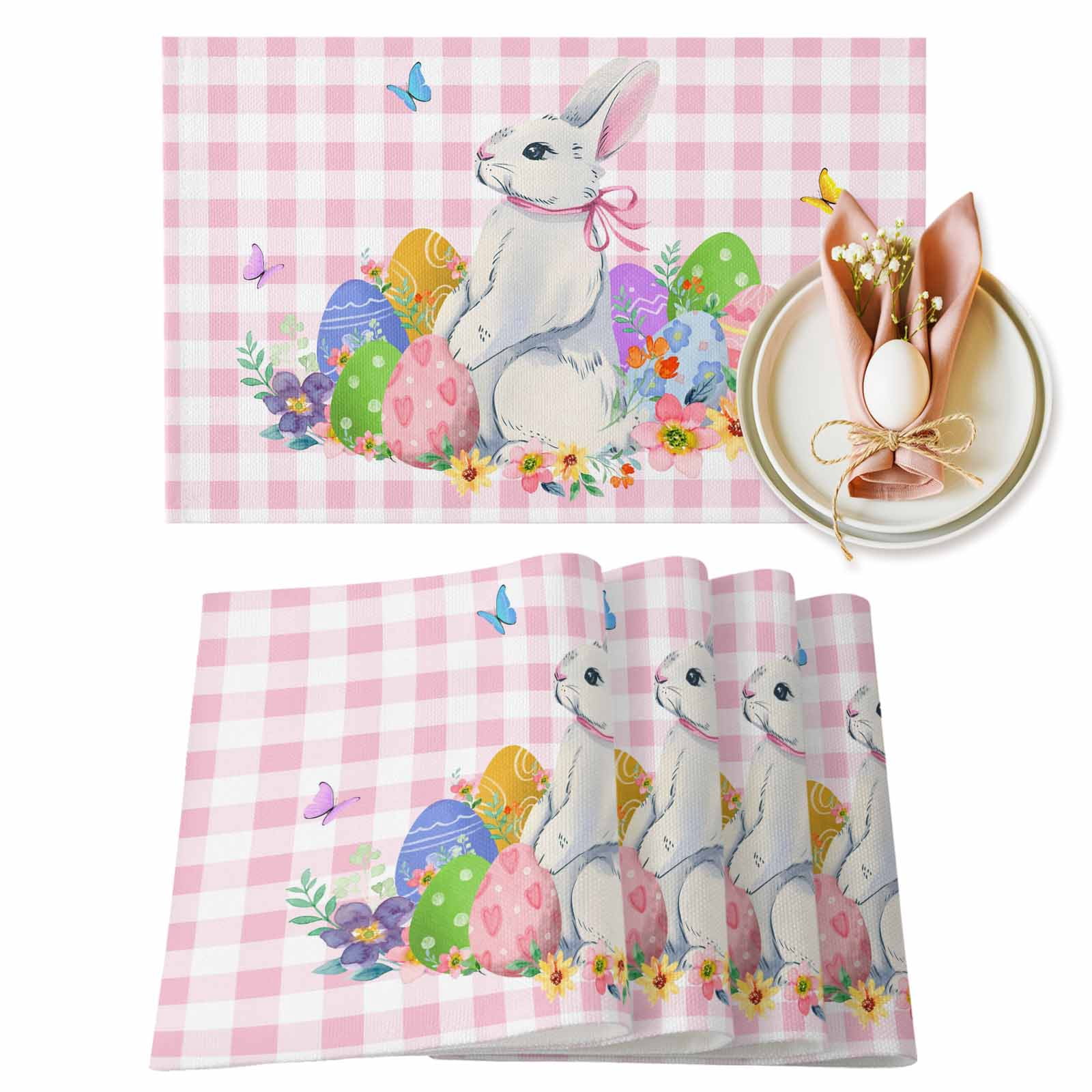 Easter Bunny Placemats Set of 6, Watercolor Spring Colorful Flower Egg ...